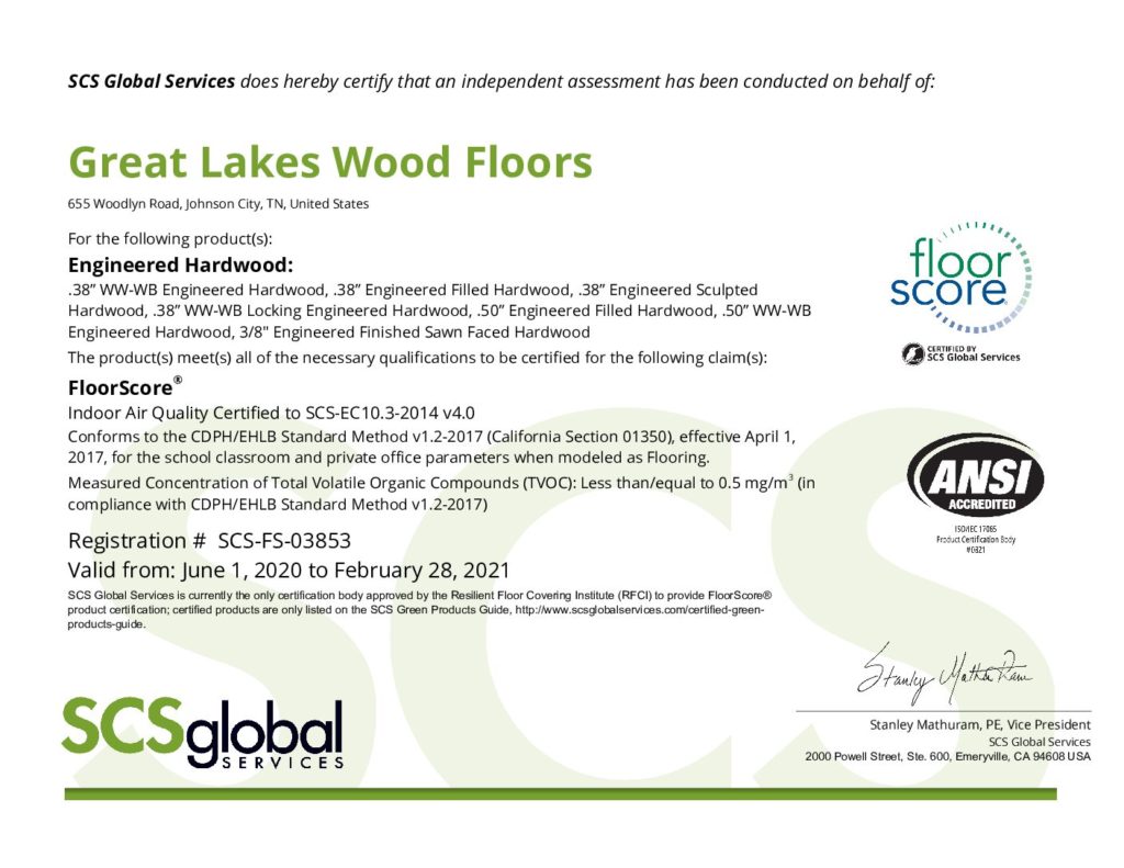 FloorScore® Certificates | Great Lakes Flooring | Quality. Service ...